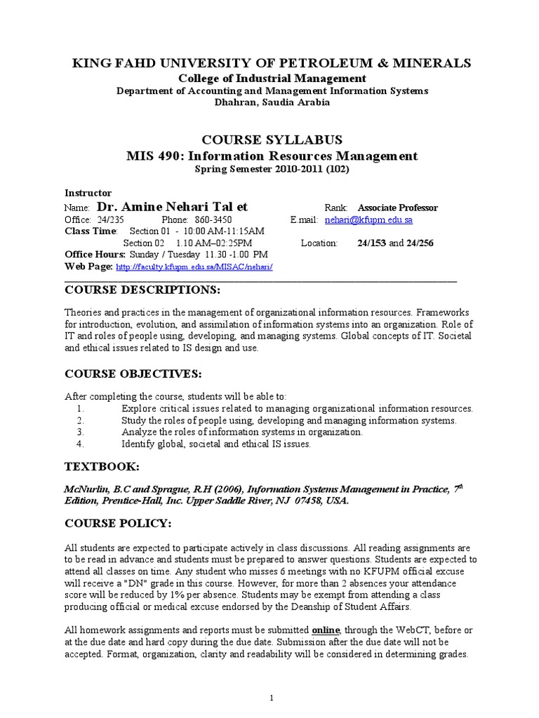 MIS - 490 - Syllabus 102 | PDF | Information System | Databases
