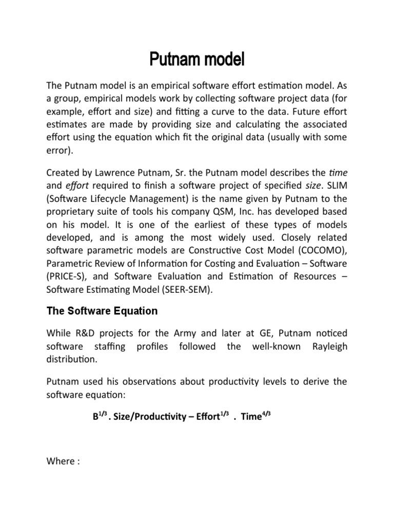 Putnam Model: The Software Equation | PDF | Software Development ...