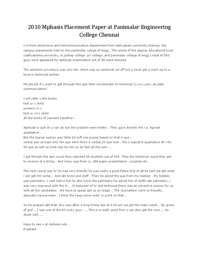 2010 Mphasis Placement Paper at Panimalar Engineering College Chennai | PDF