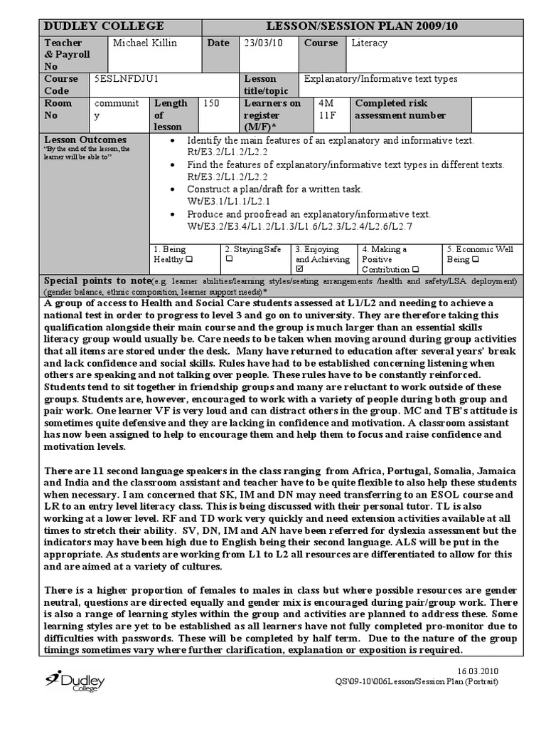 Dudley College Lesson/Session Plan 2009/10: "By The End of The Lesson ...