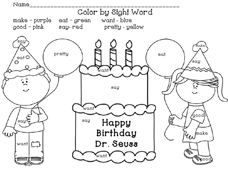 Color by Sight Word: Happy Birthday Dr. Seuss | PDF