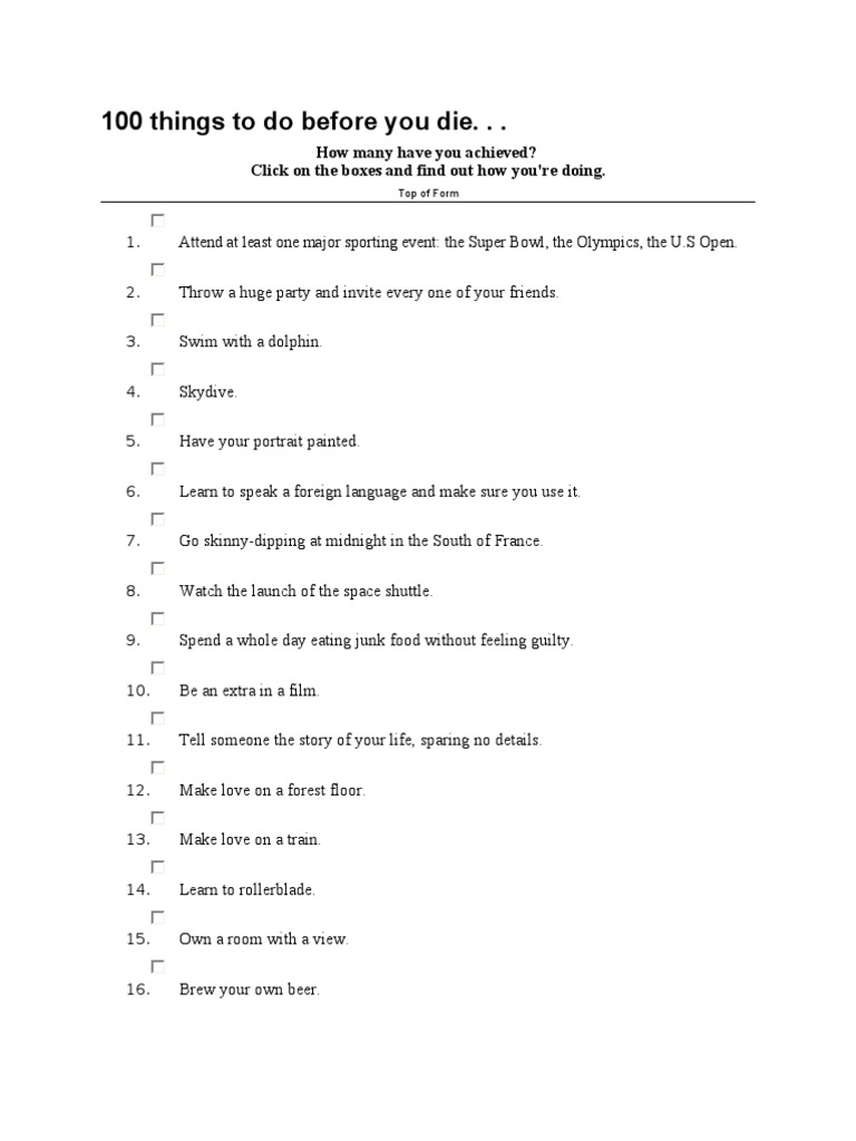 100 Things To Do Before You Die | PDF | Business