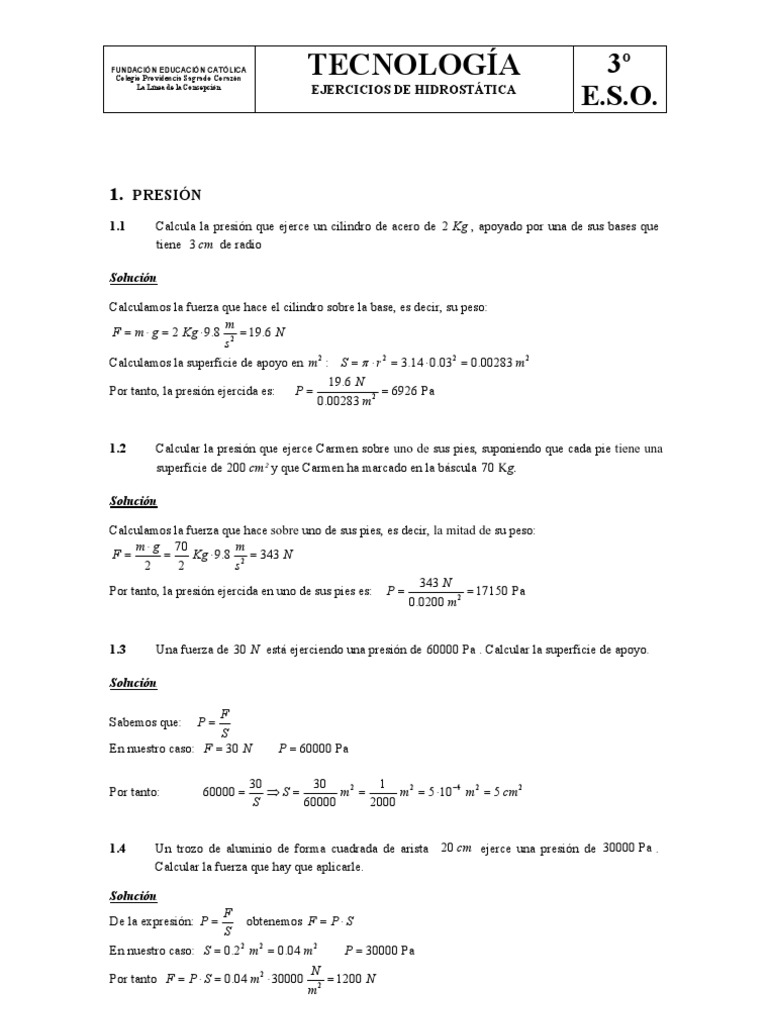 Ejercicios Hidro DT Atica 3 Eso | PDF | Presión | Pascal (Unidad)