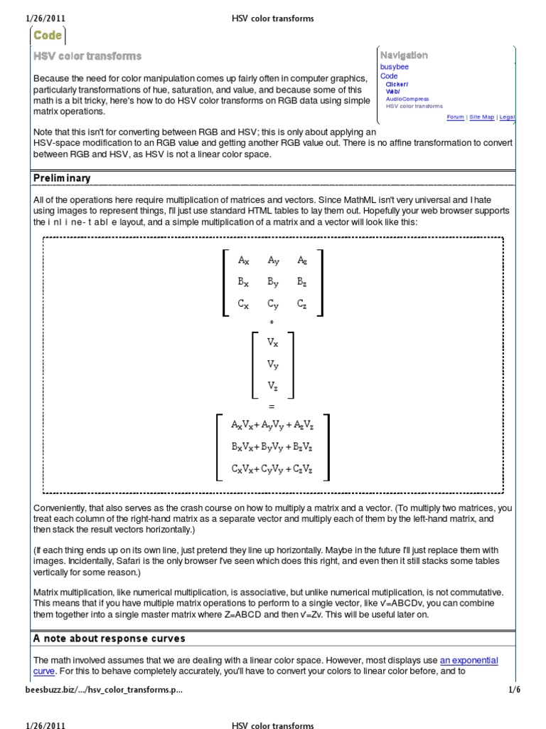 Hsv Color Transforms Using Matrix Operations Pdf Rgb Color Model