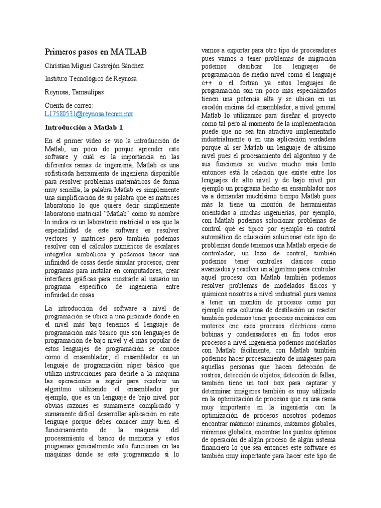 Actividad 4 - Primeros Pasos en MATLAB | PDF | Lenguaje de programación | Matlab
