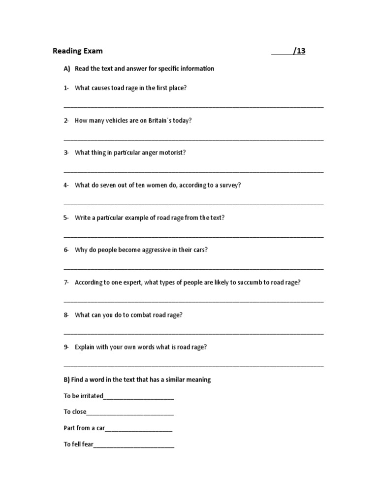 Reading Exam 13 A Read The Text And Answer For Specific Information Pdf Verb Language