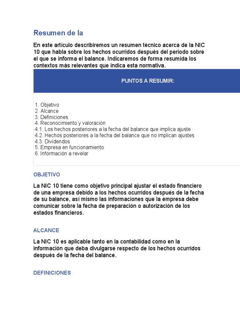 Resumen de La NIC 10 | PDF | Empresas | Estado financiero