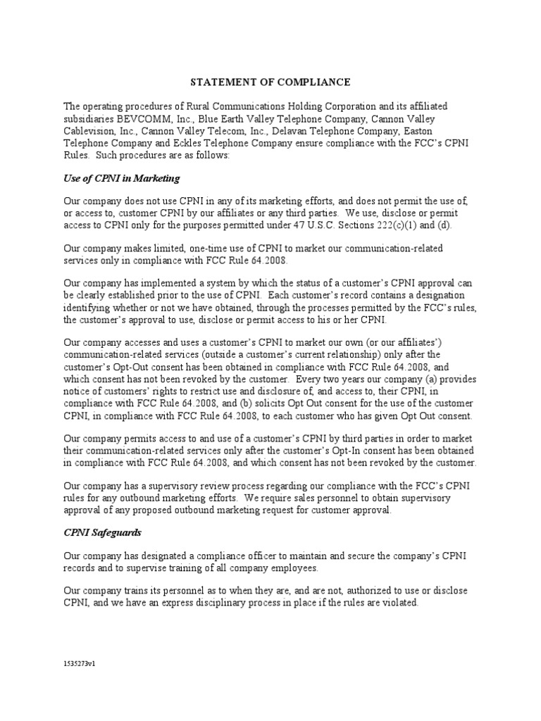 CPNI Compliance Procedures Overview | PDF | Federal Communications ...