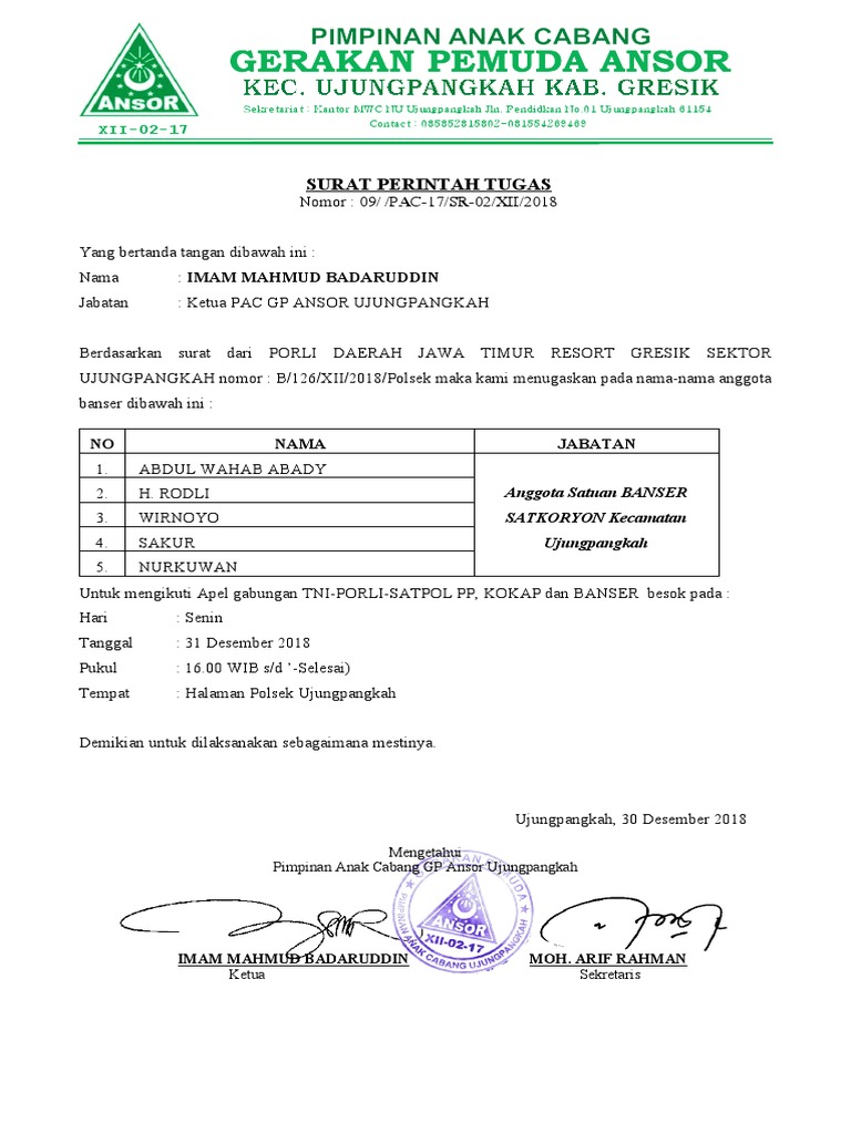 Surat Tugas Banser Polsek Ujungpangkah | PDF