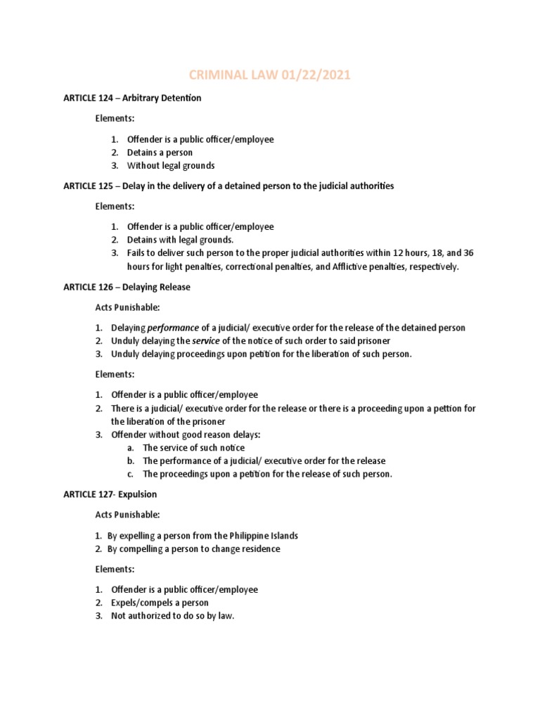 CRIMINAL LAW 01/22/2021: ARTICLE 124 - Arbitrary Detention | PDF | Detention (Imprisonment ...