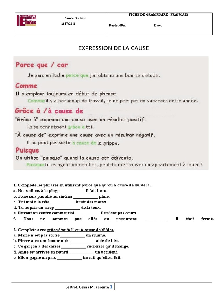 Fiche de Grammaire La Cause Exercice Grammatical Feuille Dexercices ...