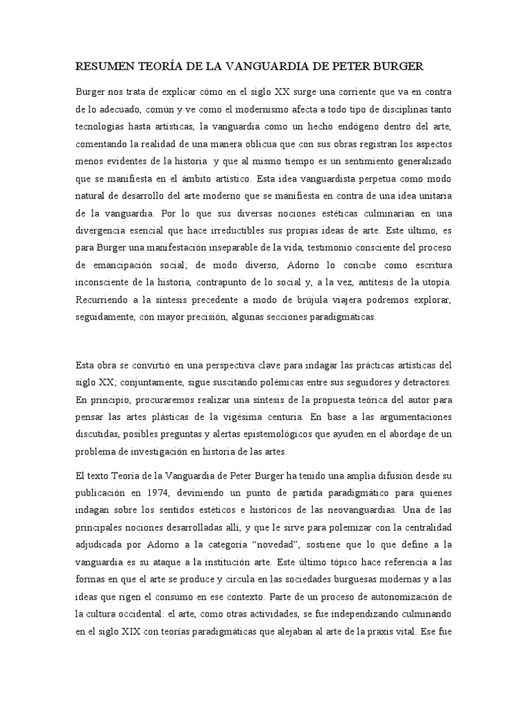 Resumen Teoría de La Vanguardia de Peter Burger | PDF | Vanguardia | Vida