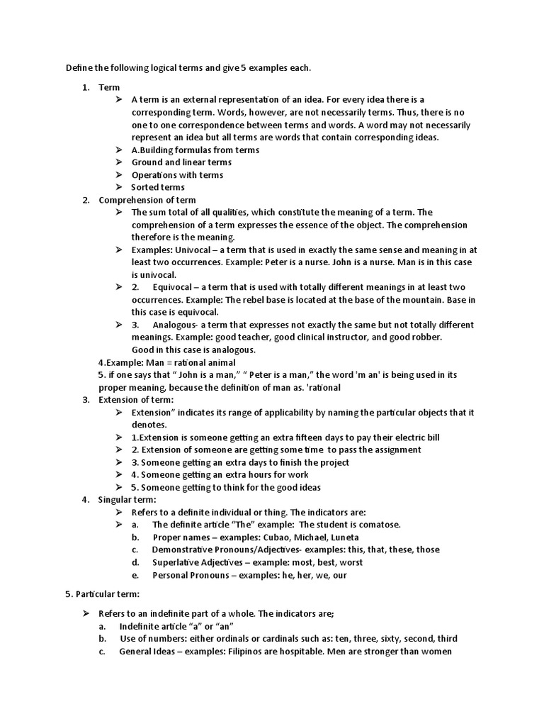 Define The Following Logical Terms and Give 5 Examples Each | PDF ...
