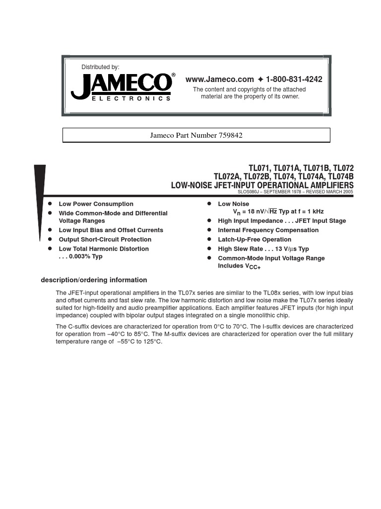 TL072IP Texas Instruments | PDF | Amplifier | Operational Amplifier
