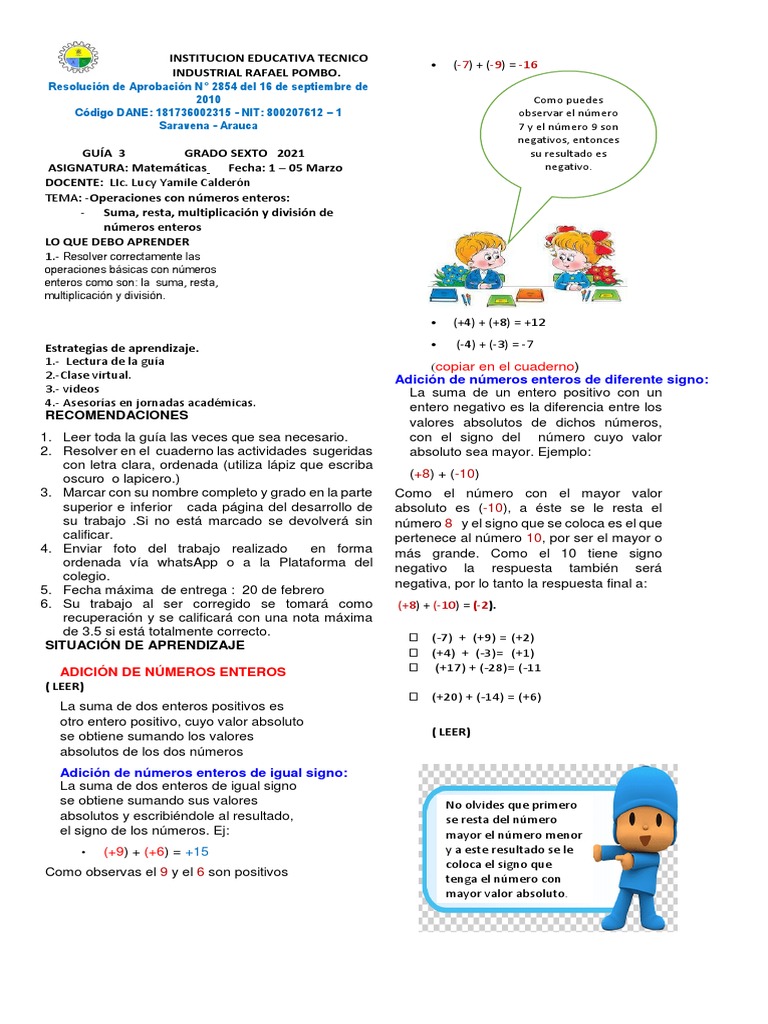 Guia 3 Sexto 2021 - MATEMATICAS | PDF | Entero | División (Matemáticas) Guia 3 Sexto 2021 - MATEMATICAS | PDF | Entero | División (Matemáticas)
