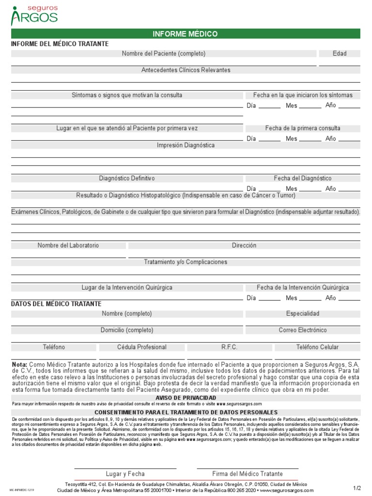 Informe Medico (Argos) | PDF | Póliza de seguros | Privacidad de la información