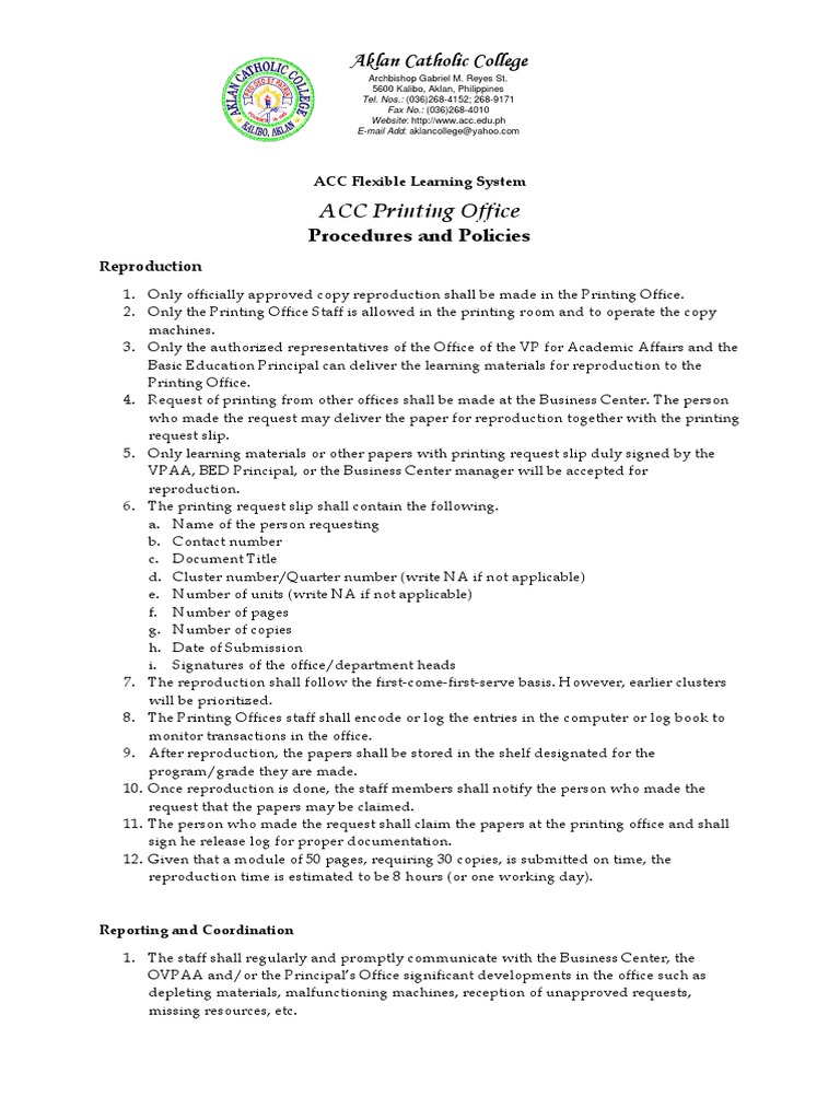 Printing Office Procedure and Policies | PDF | Troubleshooting | Computing