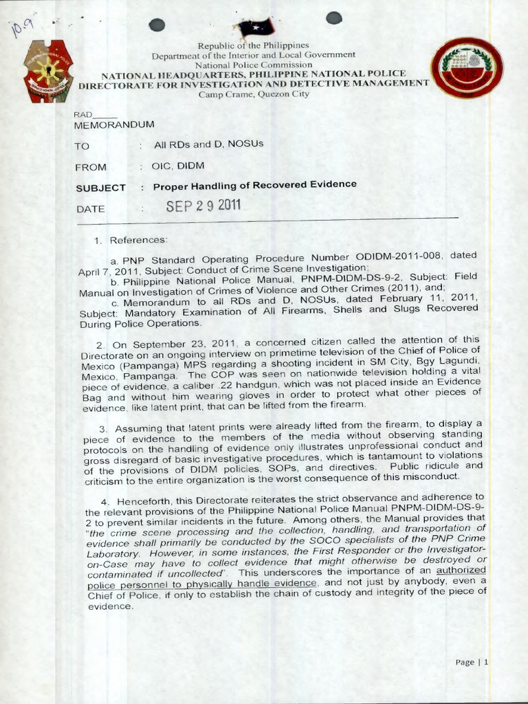 Proper Handling of Recovered Evidence DTD September 29, 2011 | PDF
