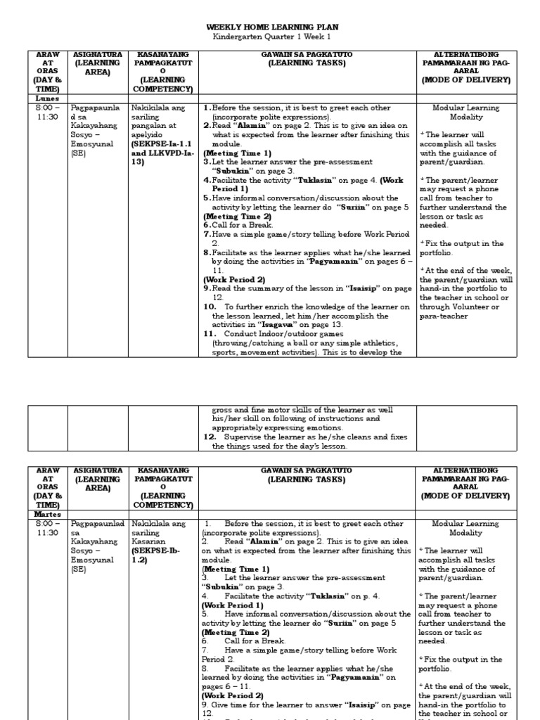 Kindergarten Weekly Learning Plan | PDF | Learning | Teachers