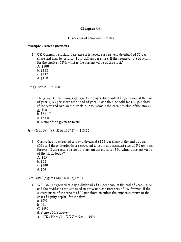 The Value of Common Stocks Multiple Choice Questions | PDF | Capital ...