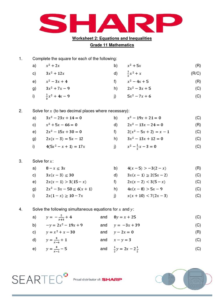 Grade 11 Equations and Inequalities Worksheet | PDF | Area | Equations