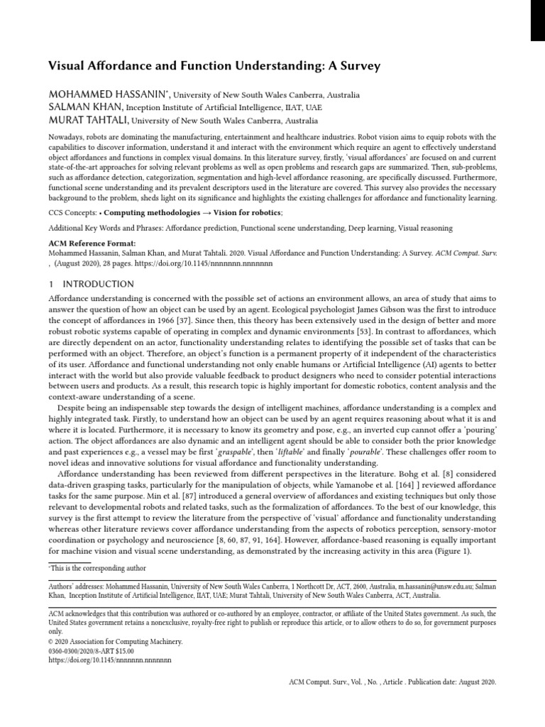 Visual Affordance and Function Understanding A Survey | PDF | Computer ...