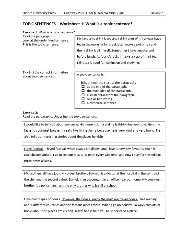 Topic Sentence Exercises and Worksheets | PDF