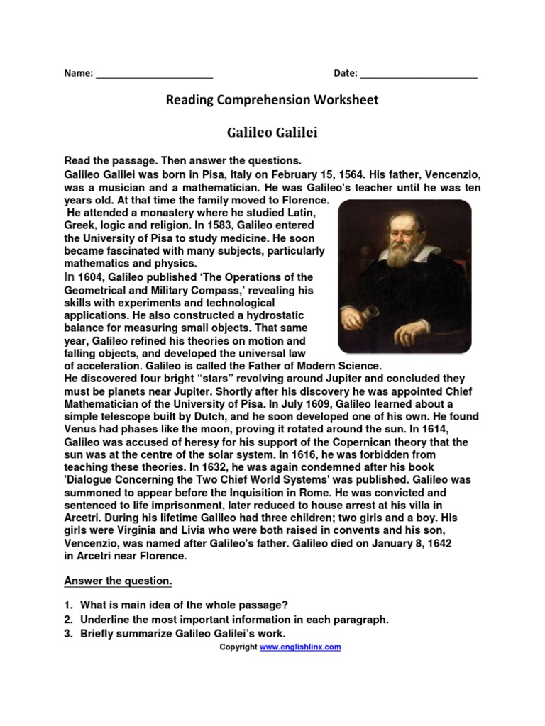 Reading Comprehension Worksheet Galileo Galilei | PDF