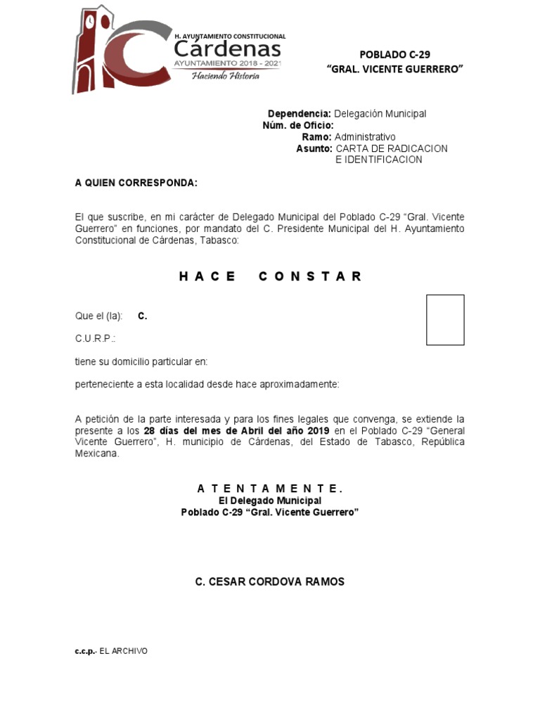 Modelo De Carta De Radicacion Pdf