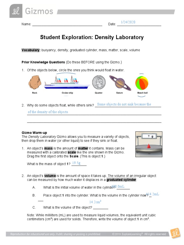 Student Exploration: Density Laboratory: Vocabulary: Buoyancy, Density ...