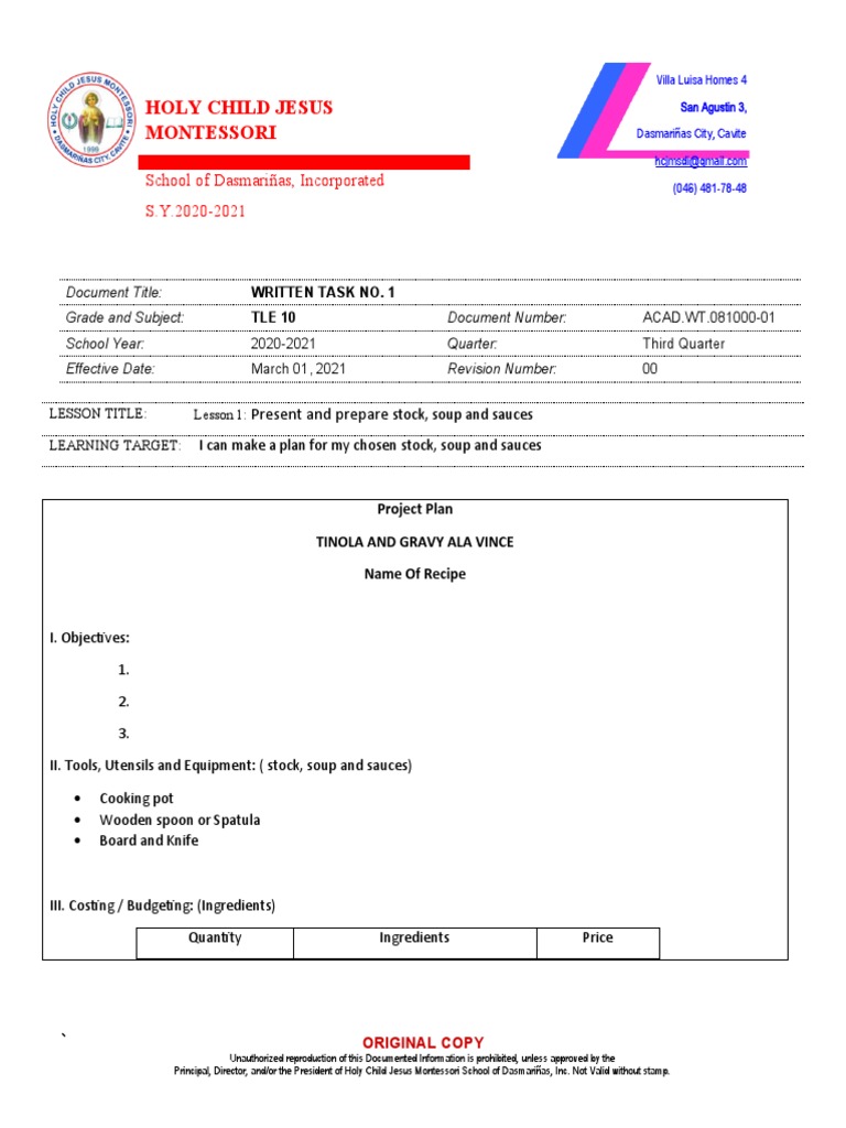 TLE 10 Project Plan: Stocks & Sauces | PDF | Foods | Cooking