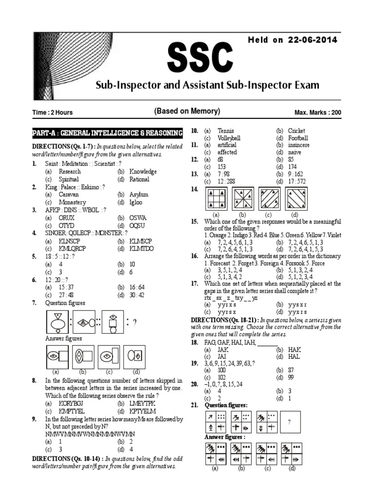 Sub-Inspector and Assistant Sub-Inspector Exam: Part-A: General ...