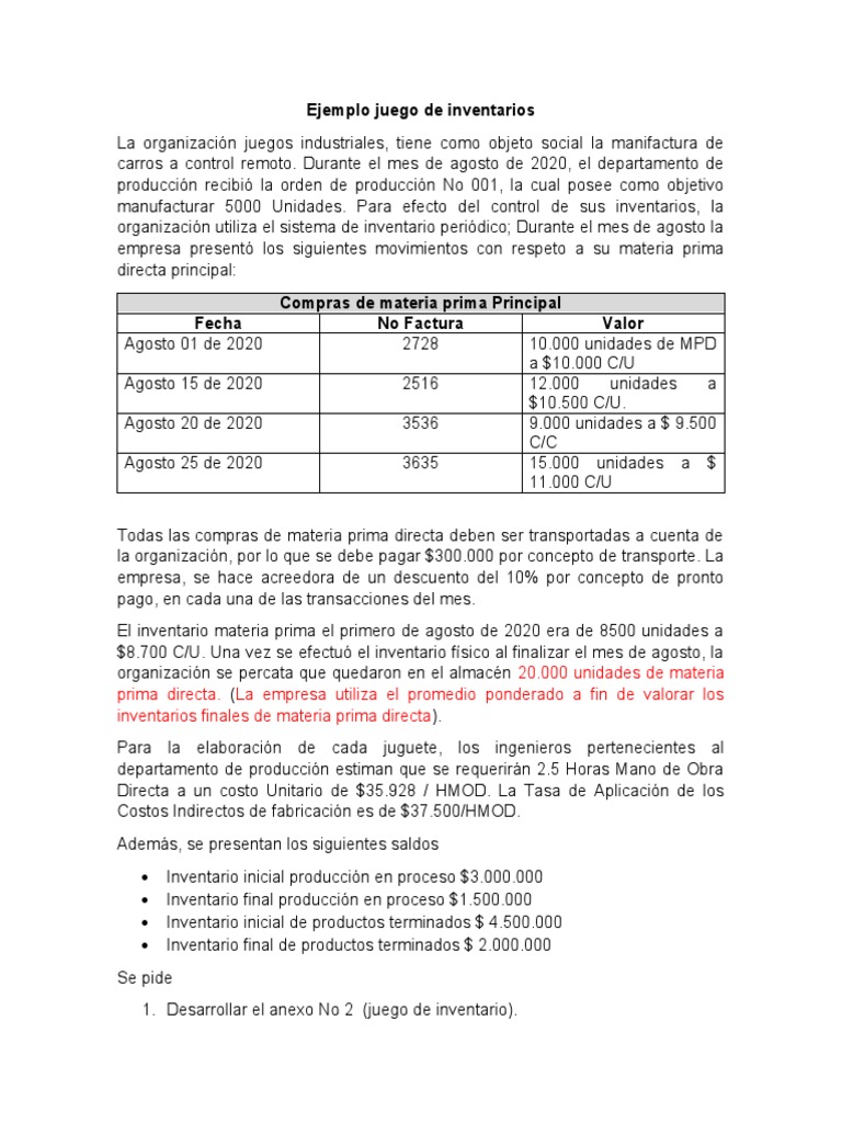 Taller Ejemplo Juego de Inventarios | PDF | Inventario | Procesos de ...