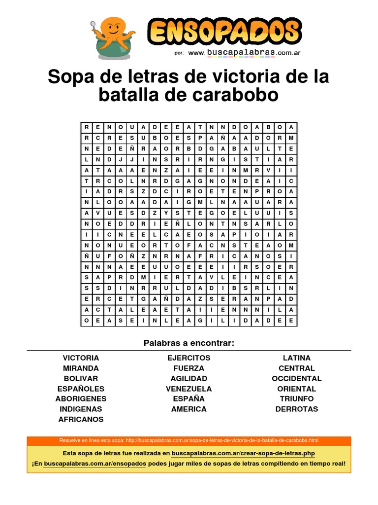 Sopa de Letras de Victoria de La Batalla de Carabobo | PDF | Conflictos ...