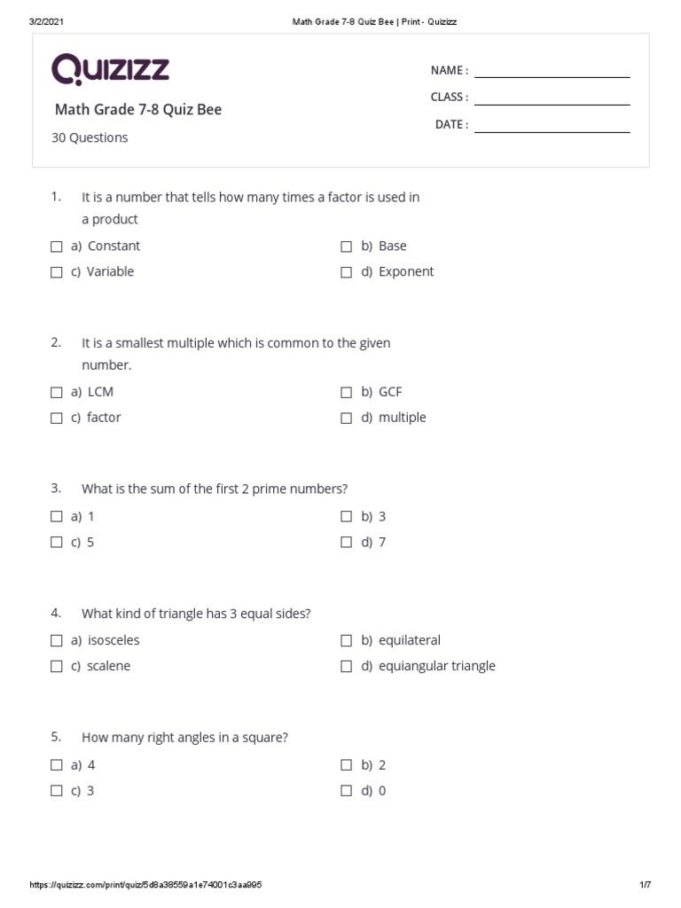 Math Grade 7-8 Quiz Bee - Print - Quizizz | PDF | Numbers | Triangle