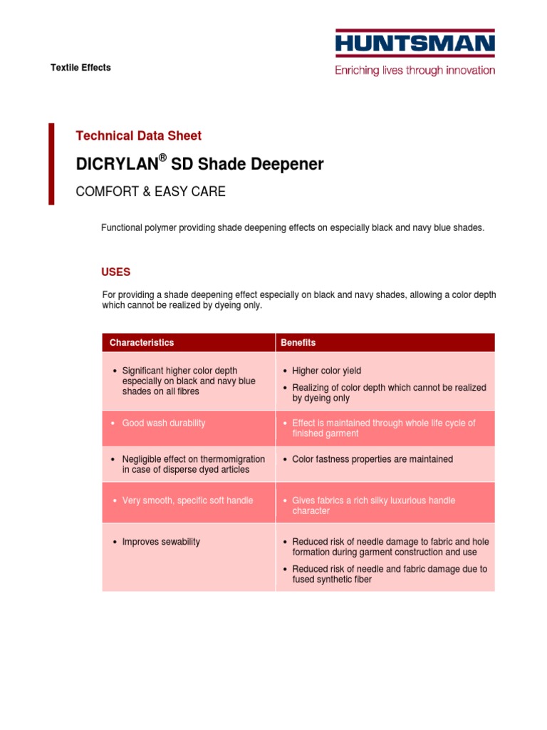 Dicrylan SD Shade Deepener: Technical Data Sheet | PDF | Dye | Dyeing