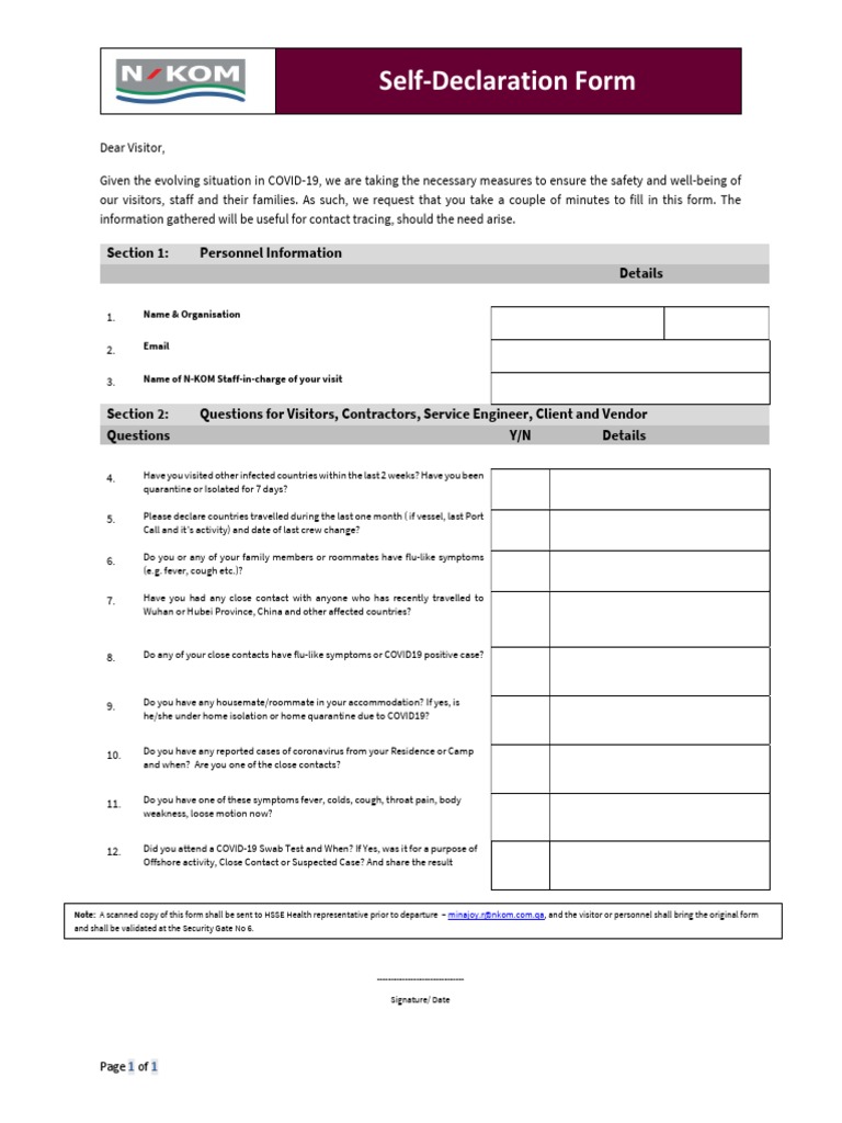 Self-Declaration Form for COVID-19 Contact Tracing | PDF | Pandemic | Epidemiology