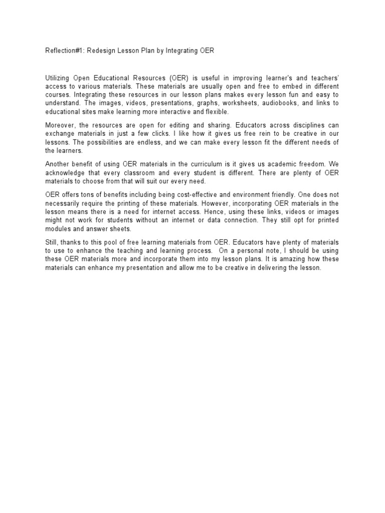 Reflection - Redesign Lesson Plan With OER | PDF | Career & Growth