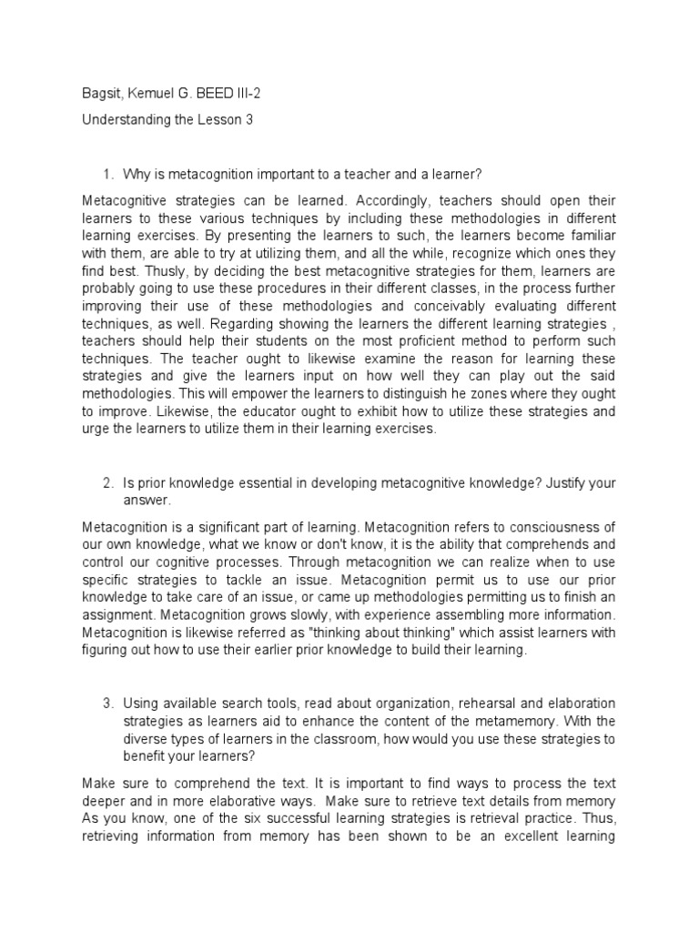 PCK303 Understanding The Lesson 3 | PDF | Metacognition | Academic Discipline Interactions