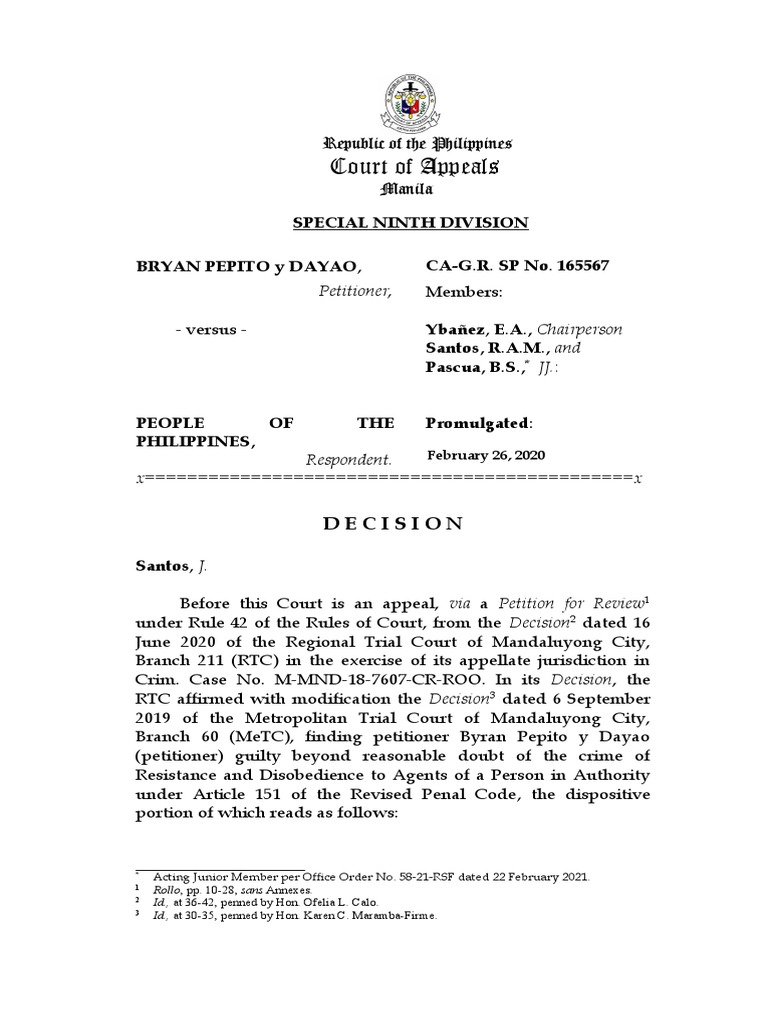 Court of Appeals: Special Ninth Division Bryan Pepito Y Dayao CA-G.R ...