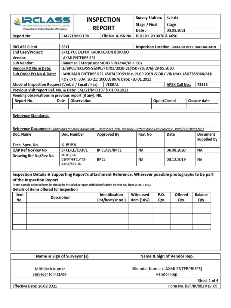 New R5 Inspection Report - 03.03.2021 | PDF | Metrology | Private Law