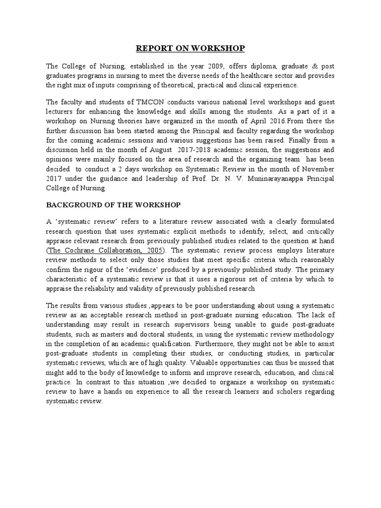 Report On Workshop: Background of The Workshop | PDF | Systematic ...