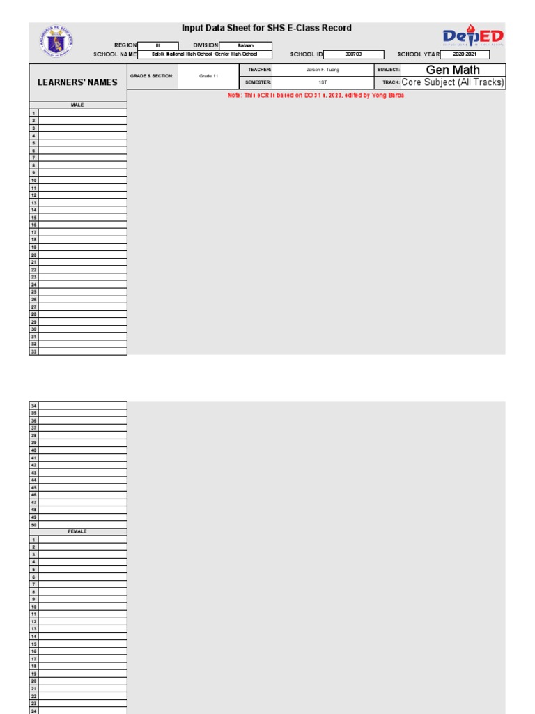 Gen Math Input Data Sheet For Shs E Class Record Pdf Learning