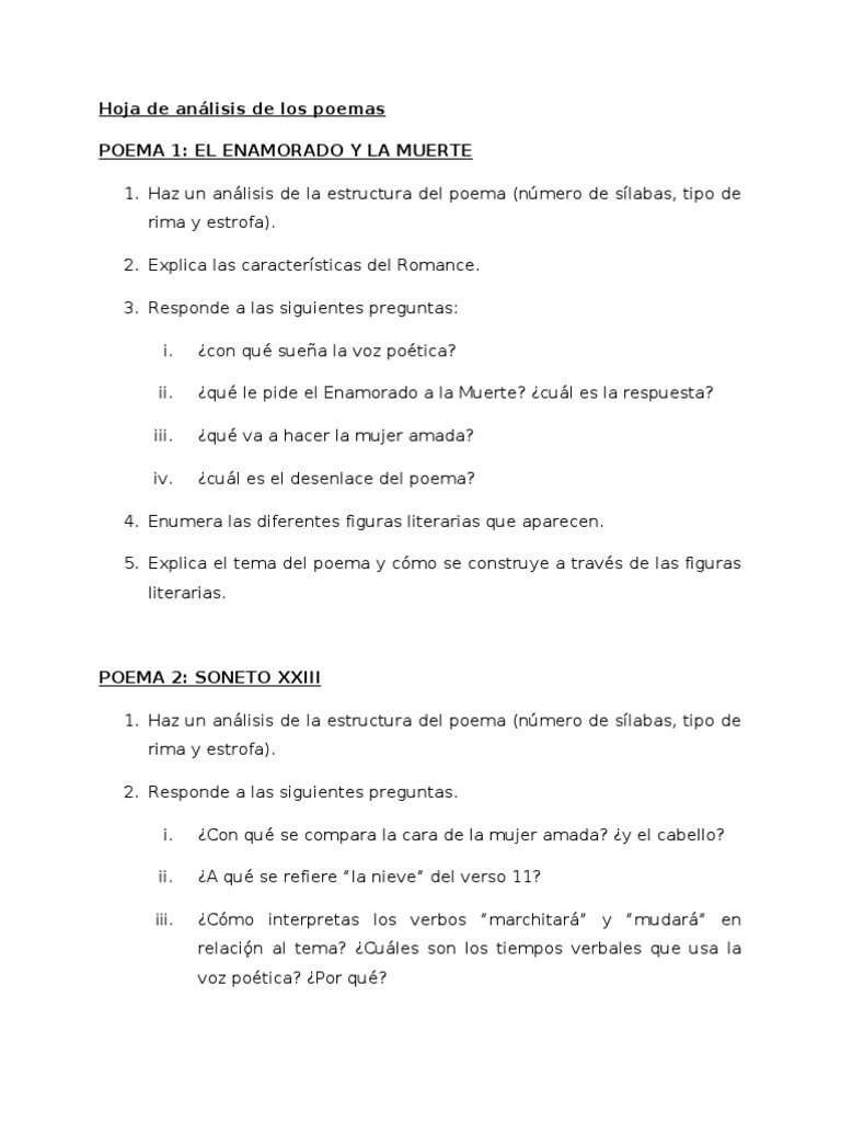 Hoja De Trabajo Sobre Tipos De Poemas