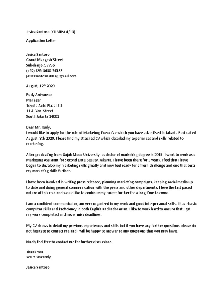Application Letter Jesica Santoso (XII MIPA 4 13) | PDF | Career ...