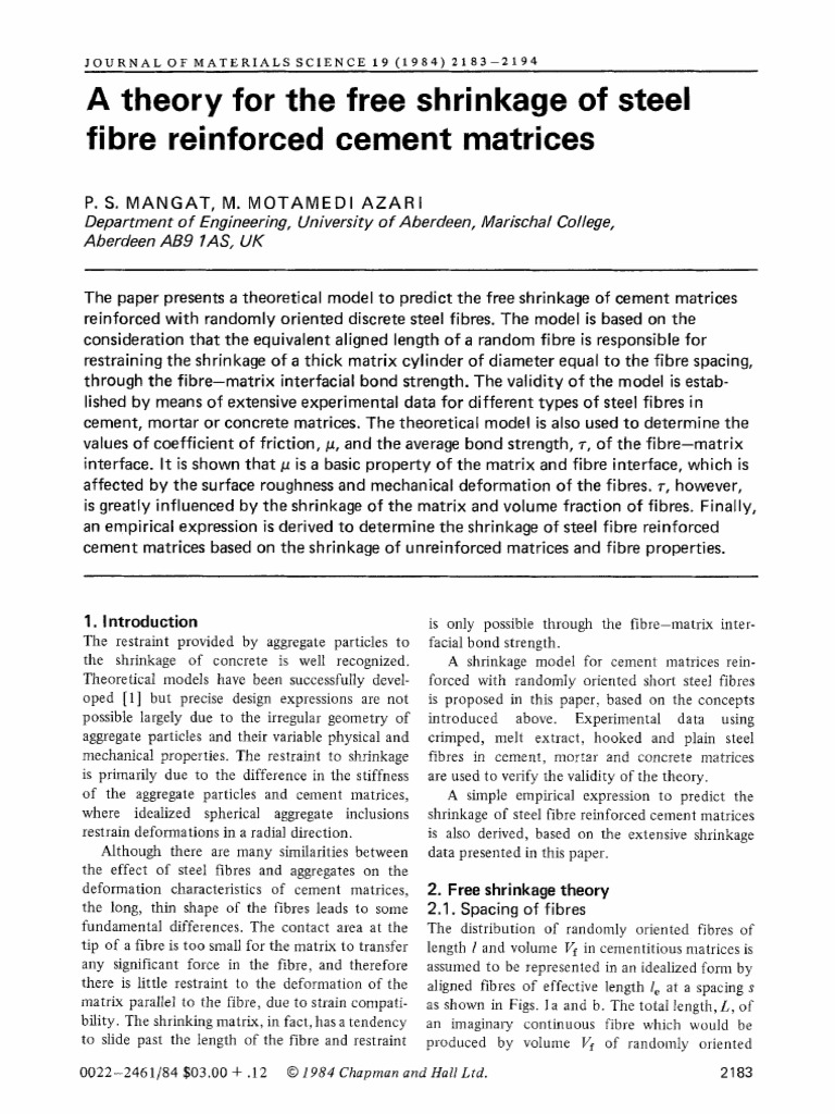 A Theory For The Free Shrinkage of Steel Fibre Reinforced Cement ...