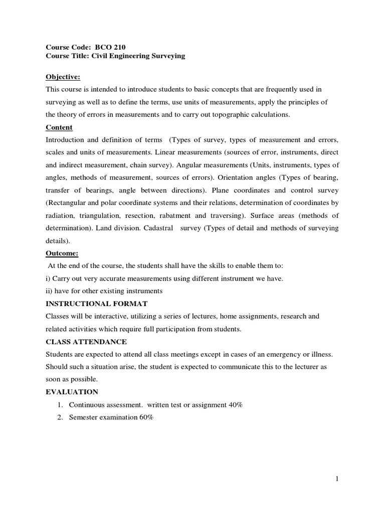 Course Outline BCO 210 Building Surveying | PDF | Surveying | Geodesy