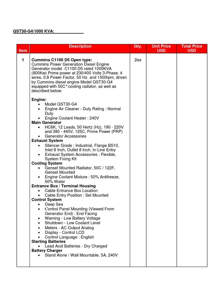 Item Description Qty. Unit Price USD Total Price USD: QST30-G4/1000 KVA ...