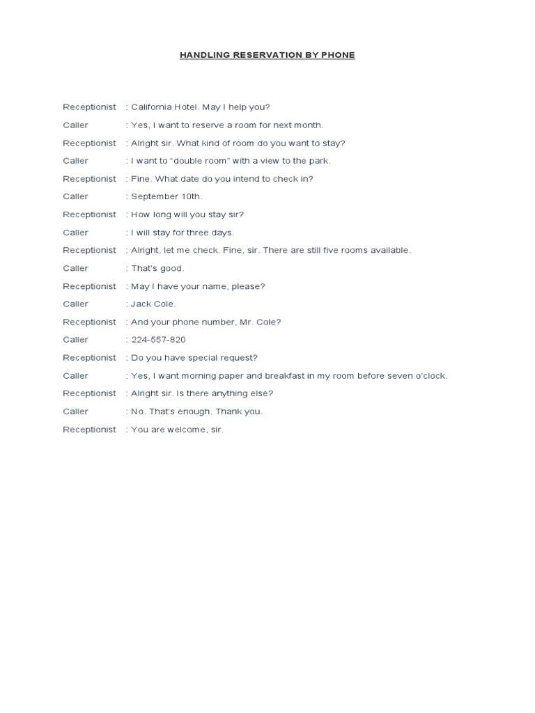 Handling Reservation by Phone | PDF