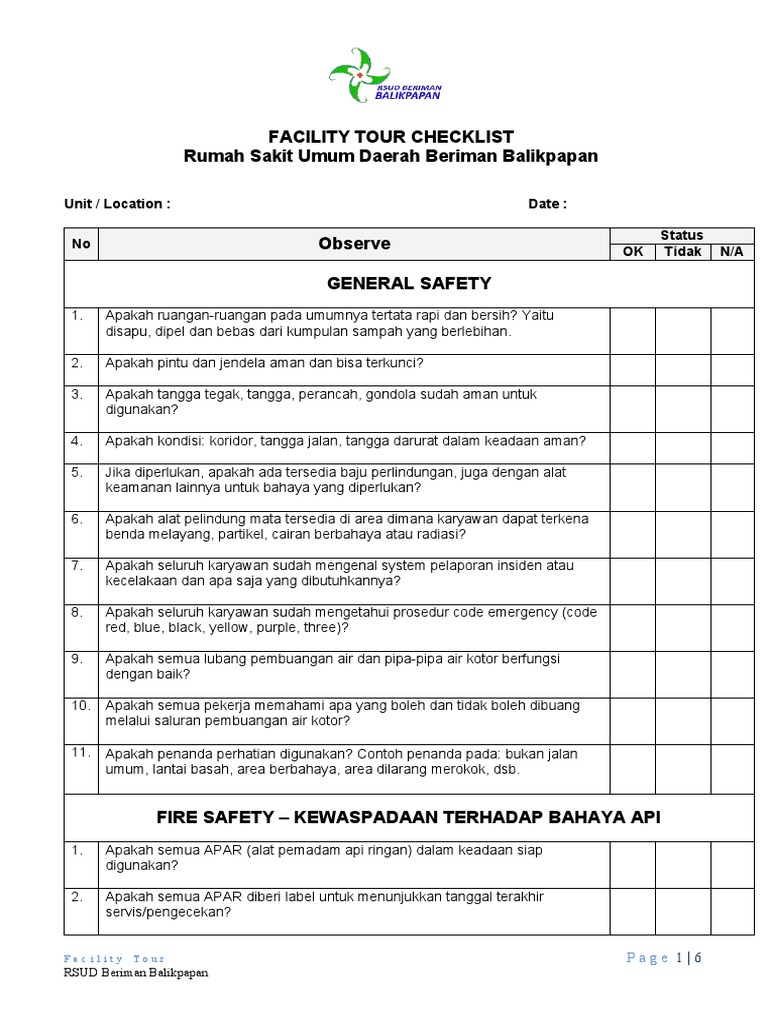 Checklist Facility Tour Untuk JCI | PDF
